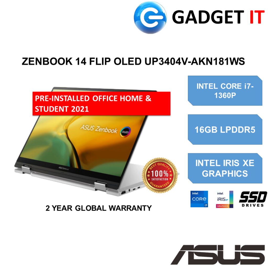 ASUS ZENBOOK 14 FLIP OLED UP3404V-AKN181WS LAPTOP (I7-1360P,16GB,512GB ...