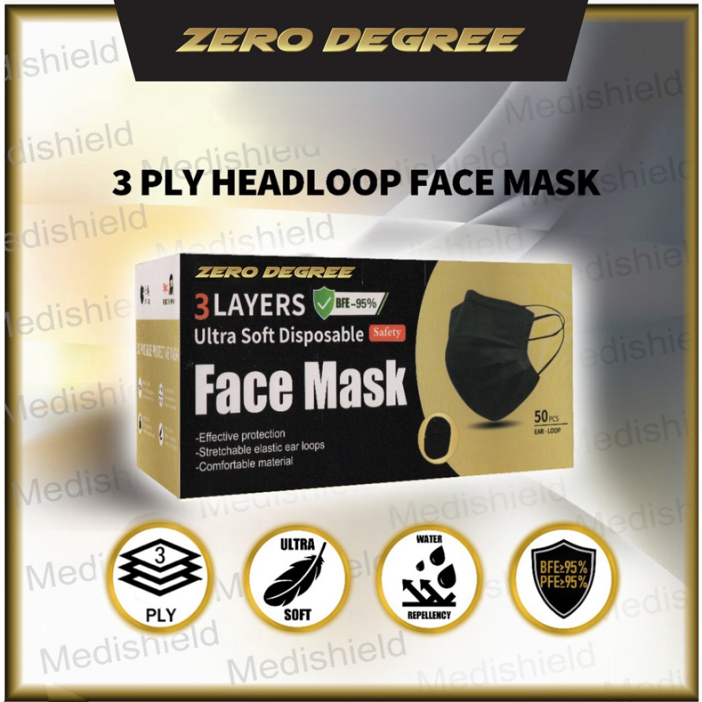 Zero Degree 50pcs Full Black Mask 3ply Face Mask Hijab Mask Head Loop ...