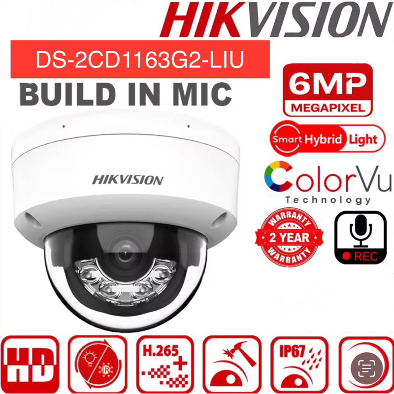 HIKVISION CCTV DS-2CD1163G2-LIU 6MP Smart Hybrid Light Fixed Dome Network Camera.(2.8MM ...