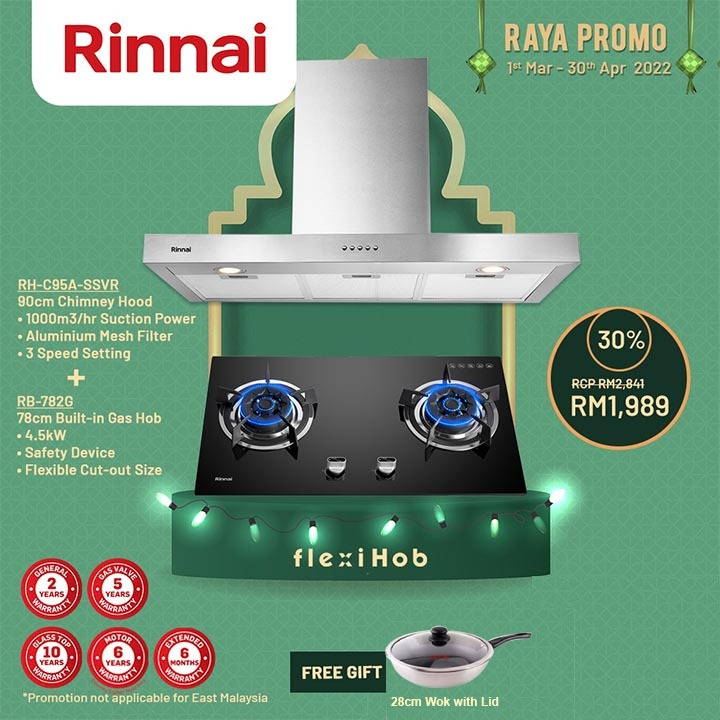 Rinnai RH-C95A-SSVR Chimney Hood + RB-782G 4.5kW 2-Burner Flexi Hob Built-in Gas Hob | Shopee ...