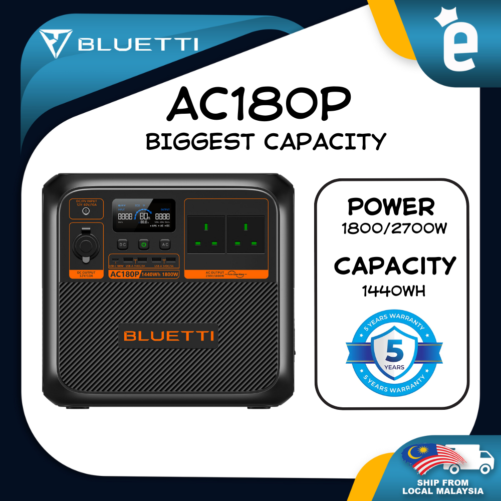 BLUETTI AC180P Portable Power Station 1440Wh LiFePO4 LFP Surge AC Solar Generator (1800W/2700W ...