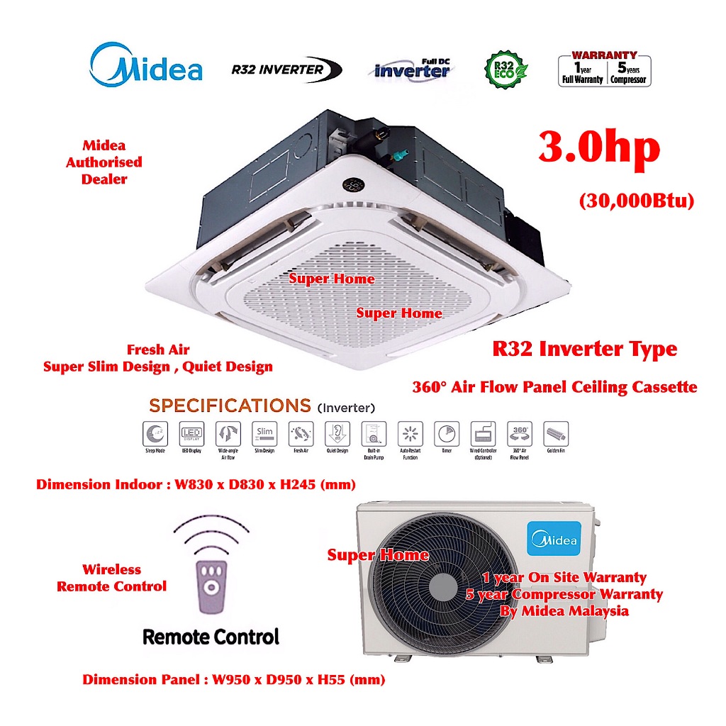 Midea Ceiling Cassette DC Inverter Air conditioner 1.5hp - 5.0hp (Panel ...