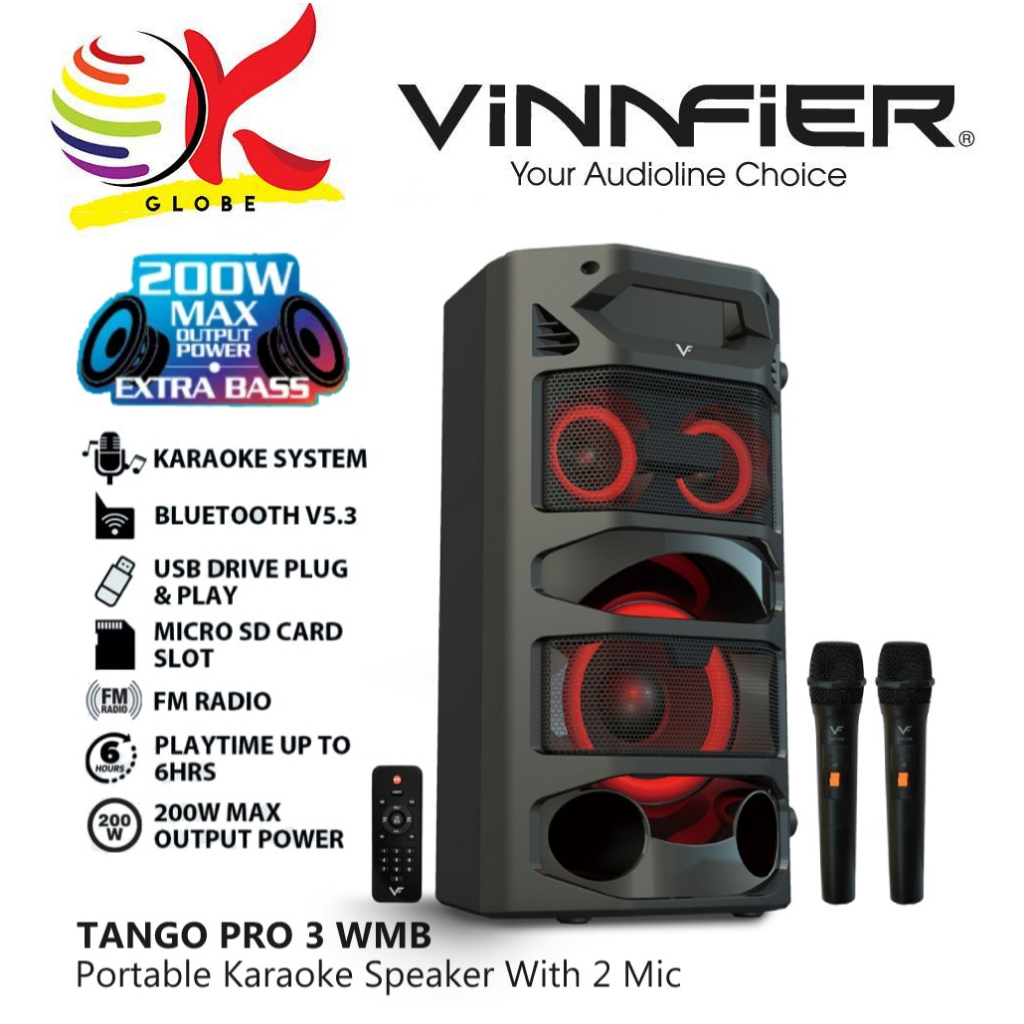 VINNFIER TANGO PRO 3 WMB BLUETOOTH PORTABLE KARAOKE SPEAKER WITH FM RADIO& REMOTE FREE 2 UHF ...