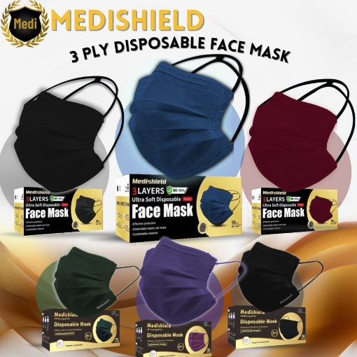 Medishield 50pcs Full Black Mask 3ply Face Mask Hijab Mask Head Loop ...