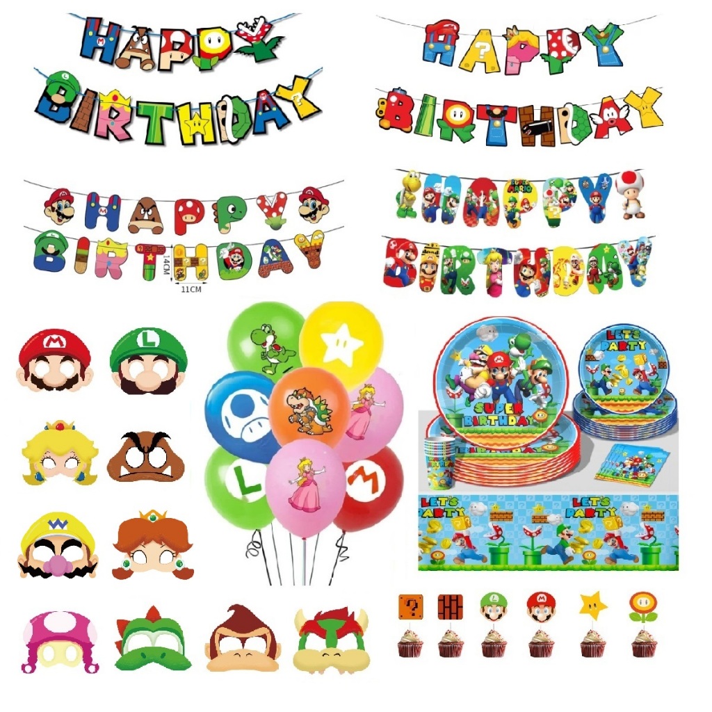 [Ready Stock] Super Mario Themed Happy Birthday Flag Banner Latex ...