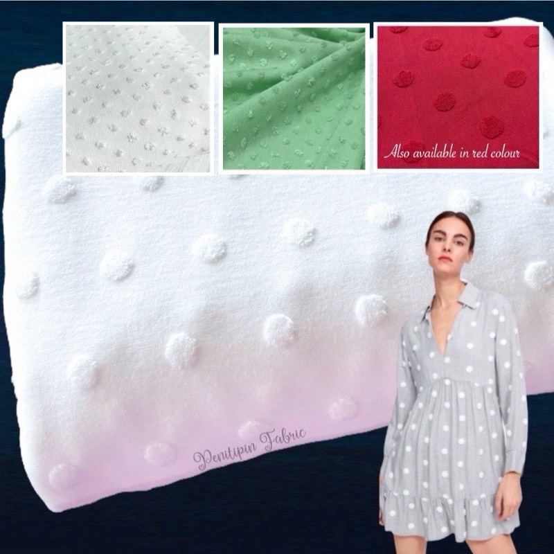 Kain cotton knit jersey emboss fabric embossed polka dot merah hijau ...