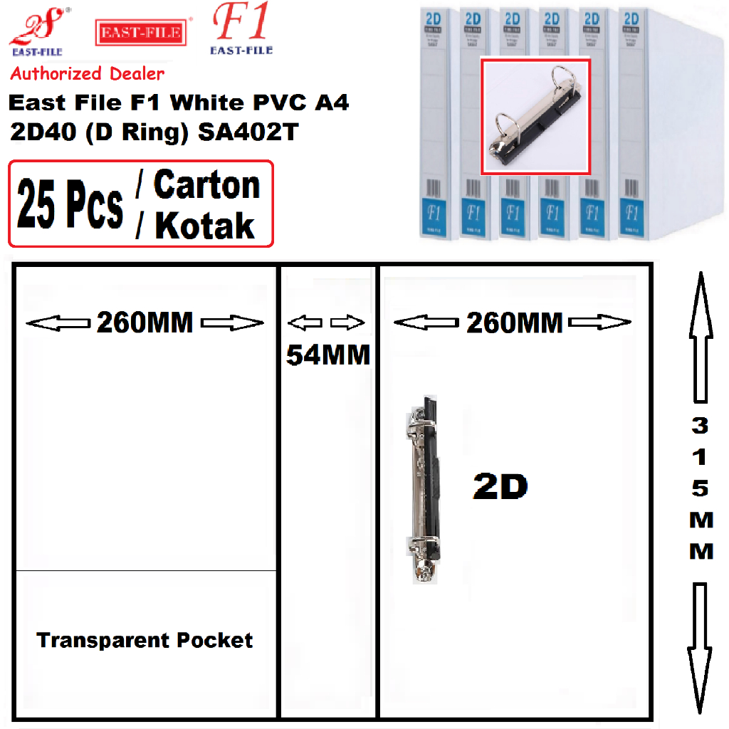 East-File 28 F1 A4 2D 40mm PVC Insert Binder Ring File White (25pcs ...