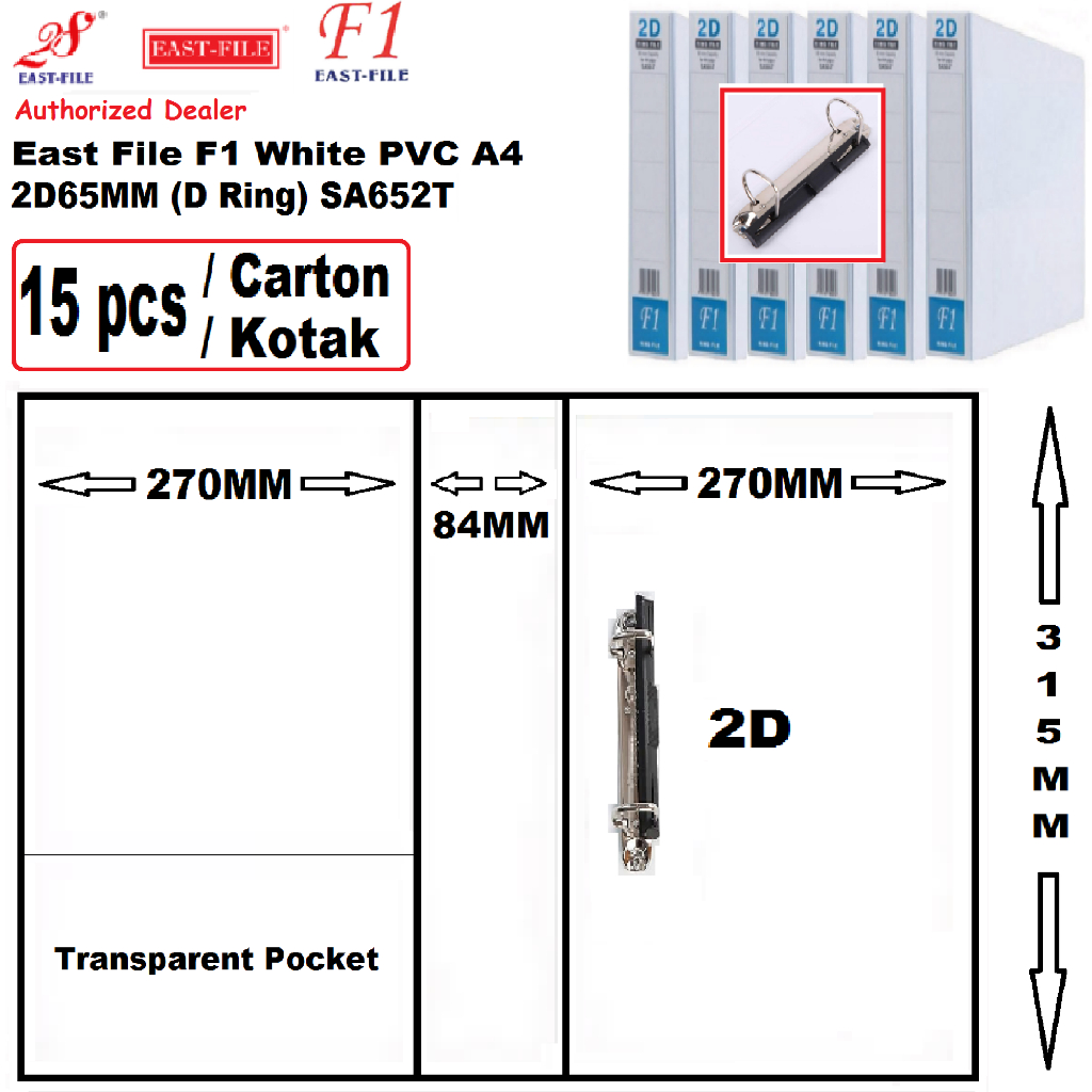 East-File 28 F1 A4 2D 65mm PVC Insert Binder Ring File White (15pcs ...