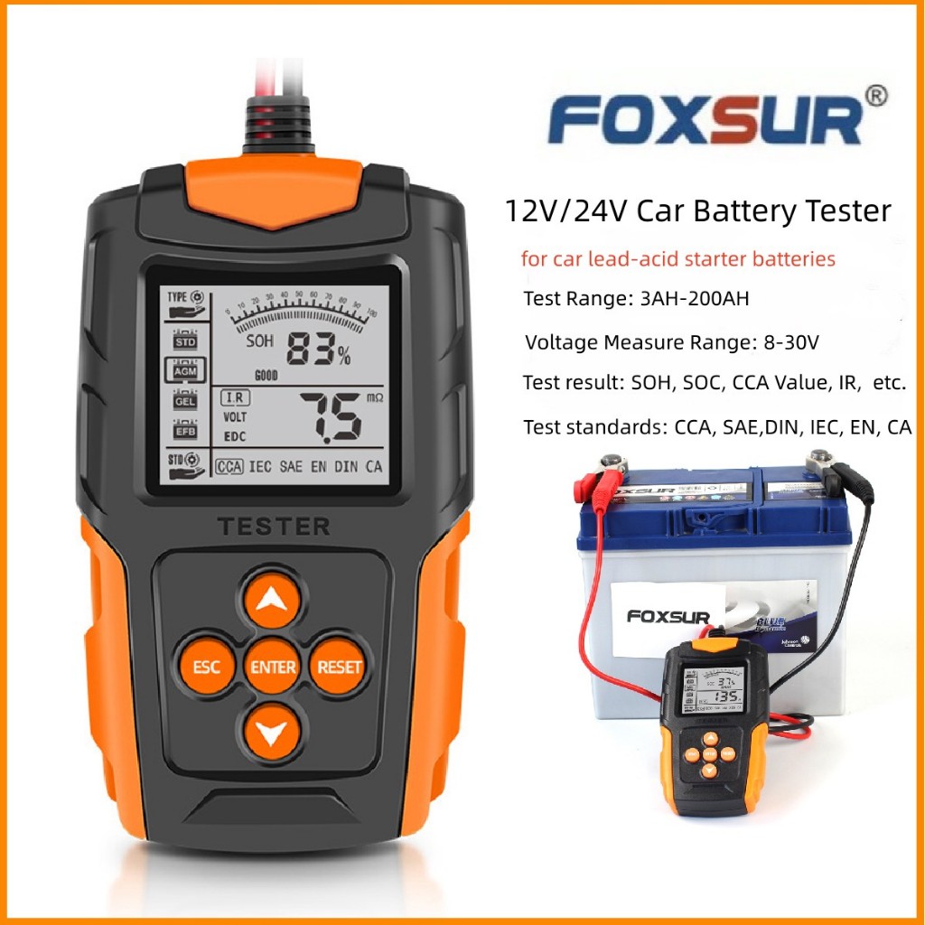 👍FOXSUR Car Battery Tester 12V24V LCD Digital Battery Analyzer CCA SOH ...