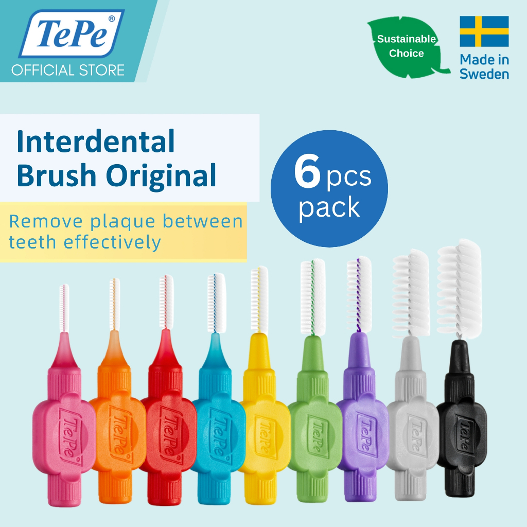 TePe® Interdental Brush Blister Pack (6 Pcs + 1 Cap) Grey/Black No Cap ...