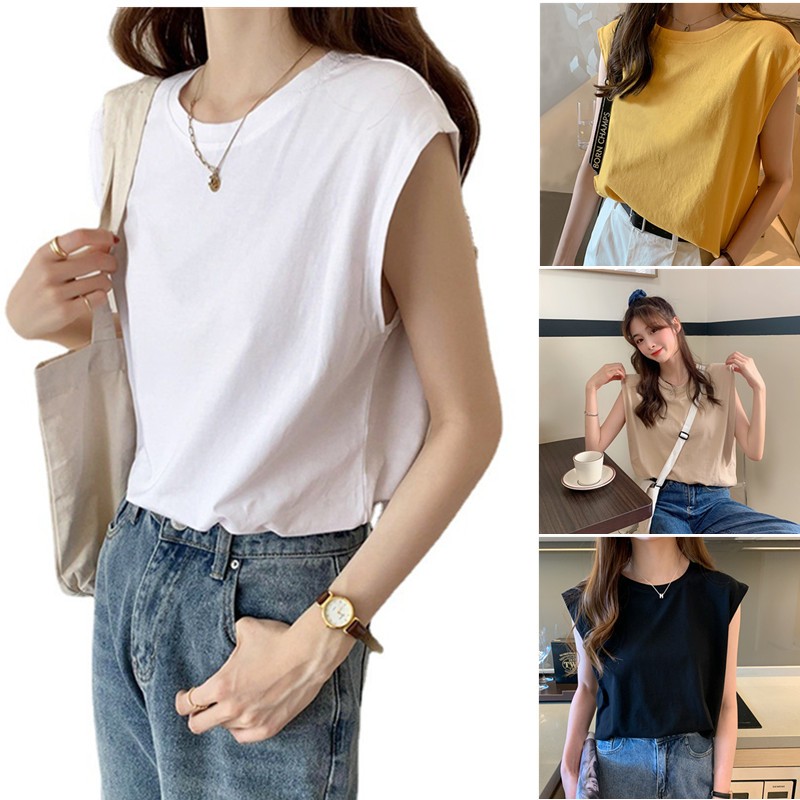 Women Fashion Soild Color Short Sleeves T Shirt Round Neck Sleeveless ...