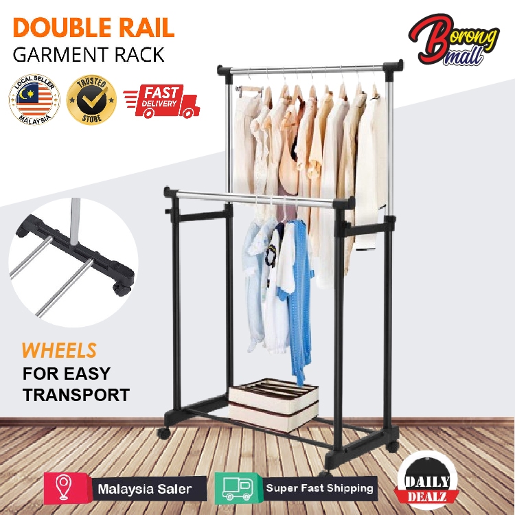 Adjustable Single Double Pole Clothes Rack Garment Hanging Rail Wheels ...