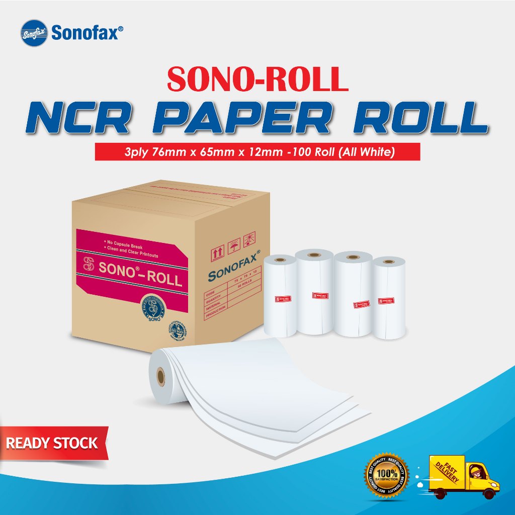SONO-ROLL 3 Ply NCR Receipt Paper Roll - White (76mm x 65mm x 12mm x ...