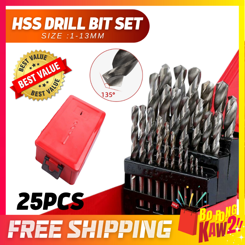 25PCS HSS Twist Drill Bit Set Chrome For Metal & Wood Cobalt Steel Woodworking Drill Metal Box ...