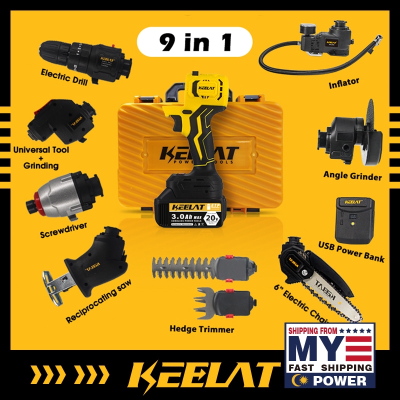 KEELAT 9 in 1 Brushless Cordless Drill Impact Wrench Gun Screwdriver ...