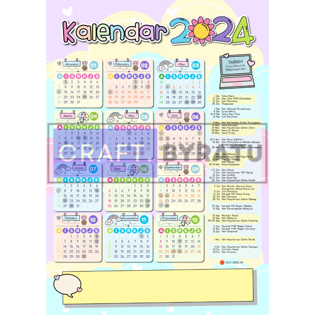 Wall Kalendar 2024 A4 Saiz | Calendar 2024 A4 Size | Wall Calendar 2024 ...