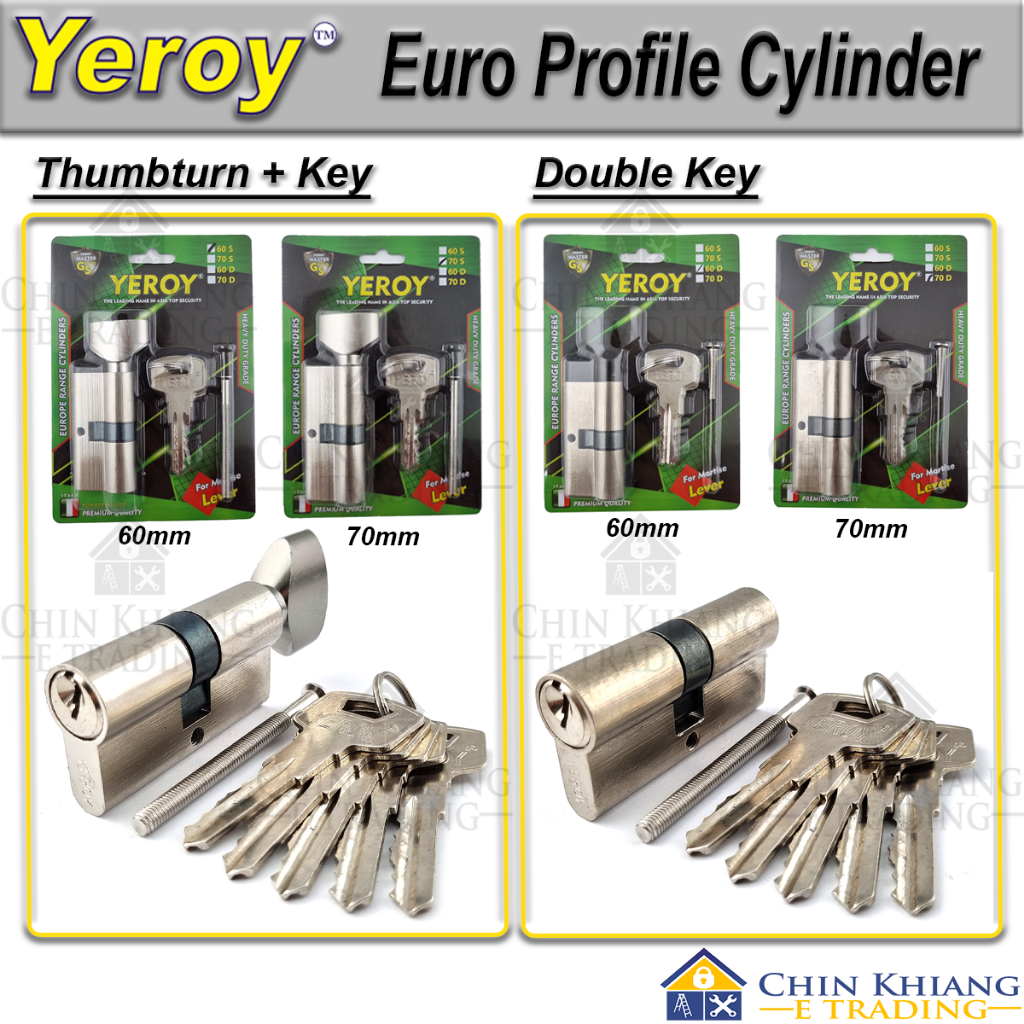 Yeroy Euro Profile Cylinder Lock Brass Single Thumbturn | Double Key Cylinder 60mm 70mm | Shopee ...