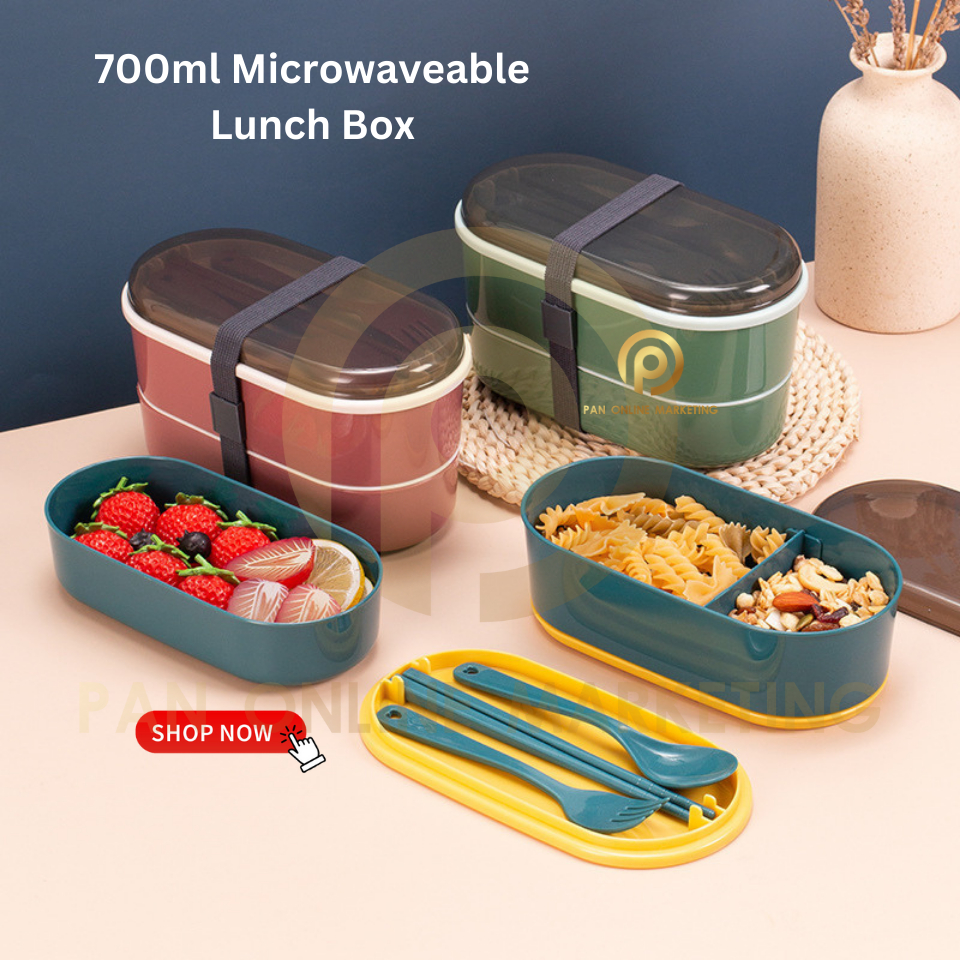 Microwaveable 700ml Double Layer Lunch Box With Cutlery Student Bento ...
