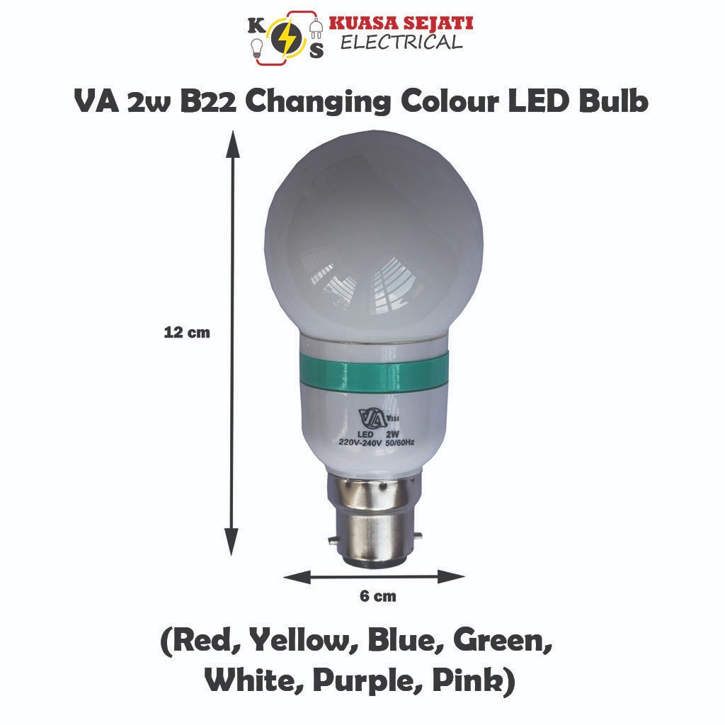 VA 2w B22 Changing Colour LED Bulb (Red, Yellow, Blue, Green, White ...