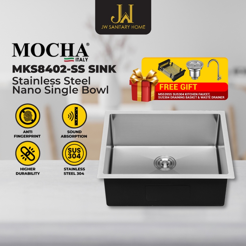 JW MKS8402-SS Stainless Steel Nano Single Bowl Kitchen Sink Undermount ...