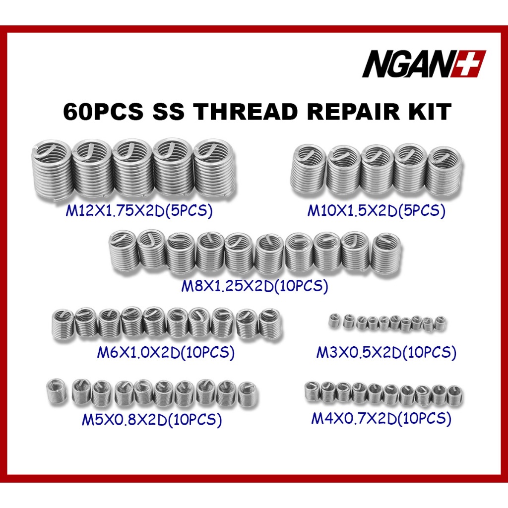 60pcs Stainless Thread Repair Kit M3 M4 M5 M6 M8 M10 M12 | Shopee Malaysia