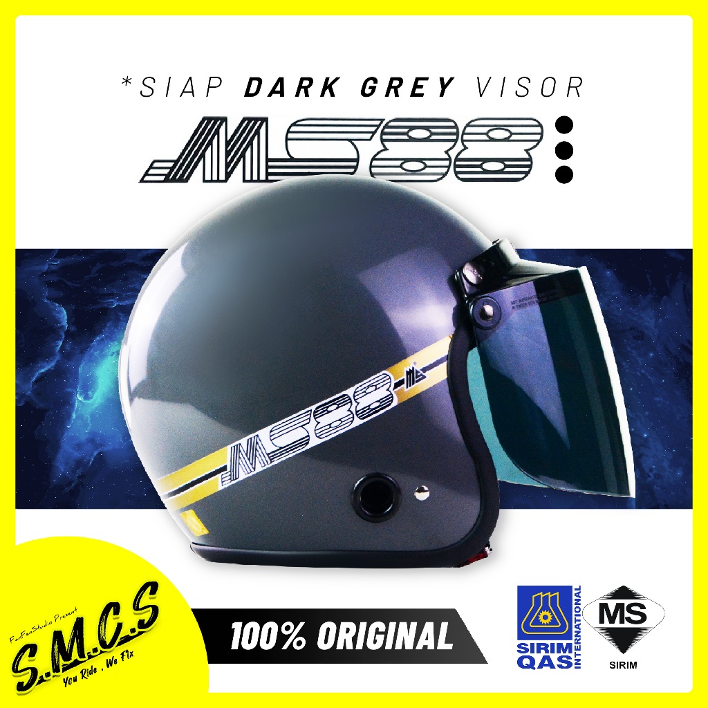 [𝟭𝟬𝟬%𝗢𝗥𝗜] MS88 Helmet Siap Dark Grey Visor MS Tali Tulisan Merah Sirim ...