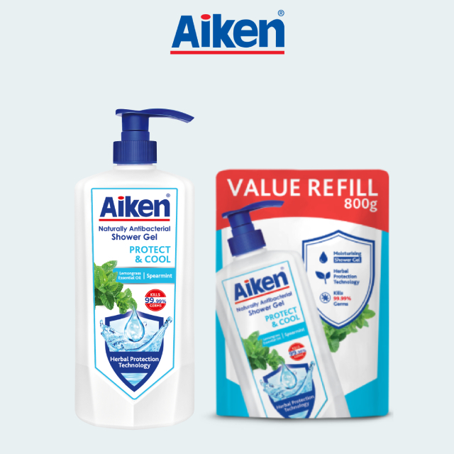 Aiken Antibacterial Shower Cream Protect & Cool (950g/800g) | Kills 99. ...