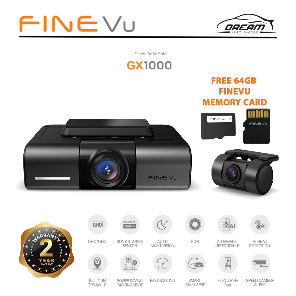 FineVu GX1000 Car Recorder 2 Channel Front 2K QHD Rear 2K QHD WiFi GPS FREE 64GB MEMORY CARD ...