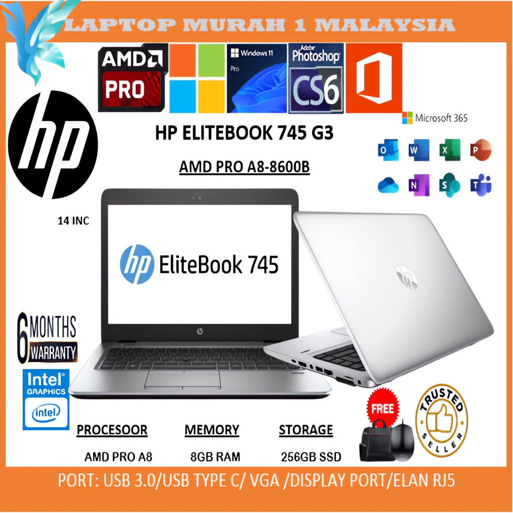 HP ELITEBOOK 745 G3 ULTRABOOK AMD A8 PRO 14"INCH FHD / 8GB DDR4 RAM 256GB SSD / GAMING GRAPHIC ...