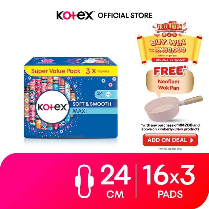 Kotex Soft & Smooth Maxi Day Wing Pad 24cm (16s x 3 Packs) - Sanitary Pad with 100% Leak Free ...