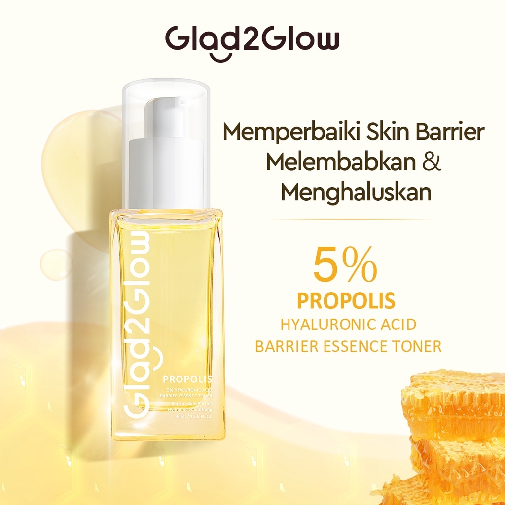 Glad2Glow Propolis 5% Hyaluronic Acid Toner Wajah 40ml Barrier Essence ...