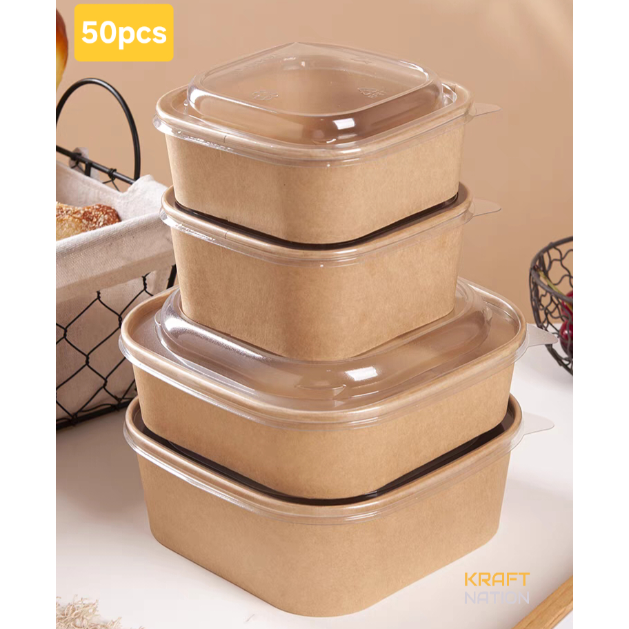 [Bundle] 50pcs Disposable Kraft Brown Paper Square Bowl Fruit Salad ...
