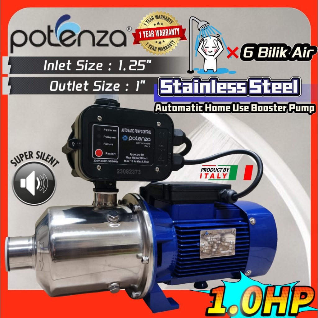 POTENZA ITALY PWS4-40/075 1.0HP Super Silent Automatic Booster Pump ...