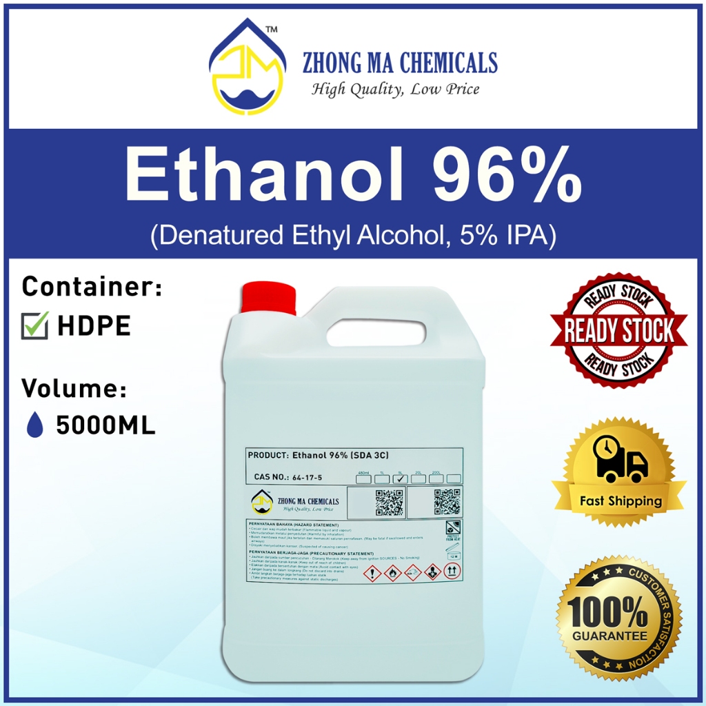 Ethanol Alcohol 96% (Ethyl Rubbing Alcohol, Disinfectant, Denatured Ethyl Alcohol) 乙醇酒精 5L ...