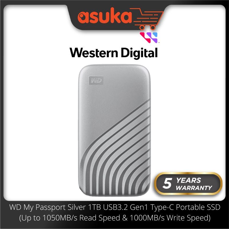WD My Passport Silver 1TB USB3.2 Gen1 Type-C Portable SSD (Up to 1050MB ...