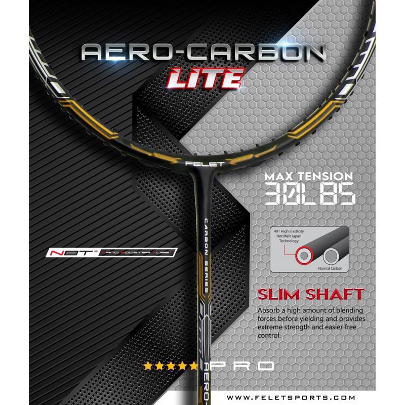 Felet Aero Carbon Lite Badminton Racket [ 7U ] (Gold Colour) (100% ...