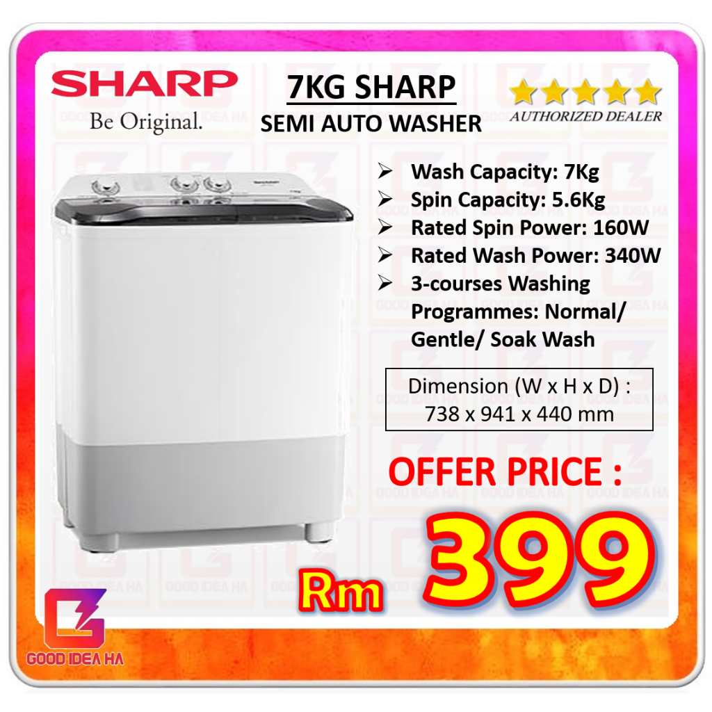 Sharp 7KG / 10KG / 12KG / 14KG Semi Auto Washing Machine EST7015 ...