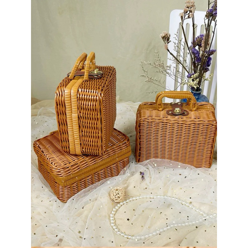 Handmade Retro rattan hand woven storage basket box 复古藤编手提箱 | Shopee ...