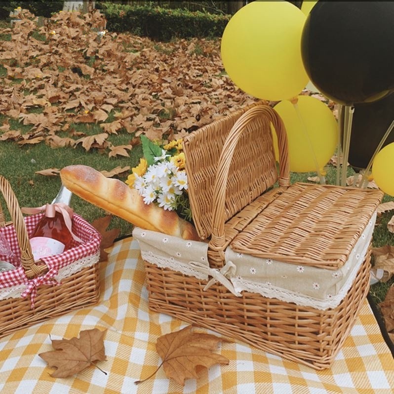 Picnic Basket Rattan Wicker Portable Basket Storage Basket with Lid ...