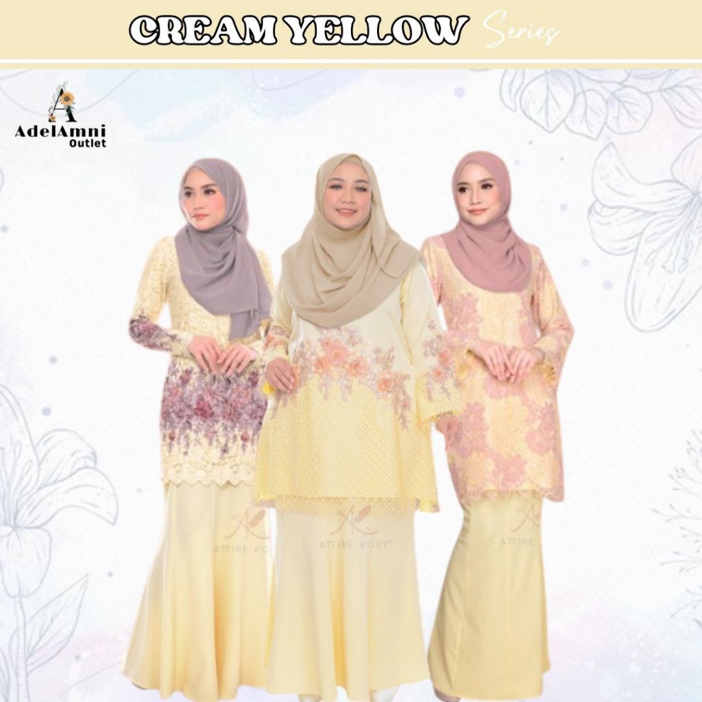Tema Cream Yellow Baju Kurung Dewasa Plus size Lace Moden Tunang ...