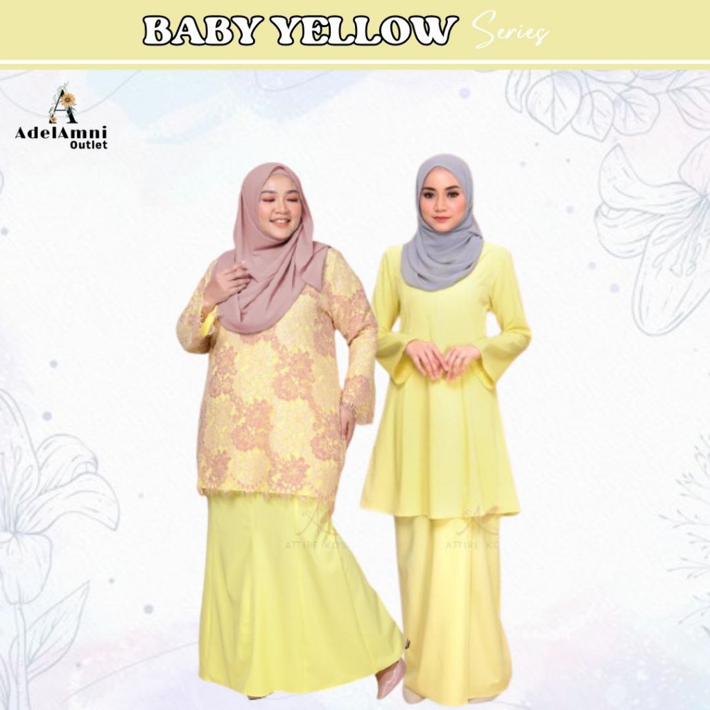Tema Baby Yellow Baju Kurung Dewasa Plus size Plain Lace Moden Tunang Bridesmaid Kenduri Raya ...
