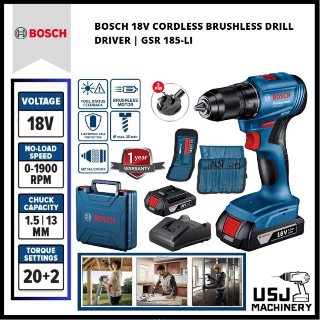 BOSCH 18V Cordless Brushless Drill Driver GSR 185-LI C/W 2Pcs Battery ...
