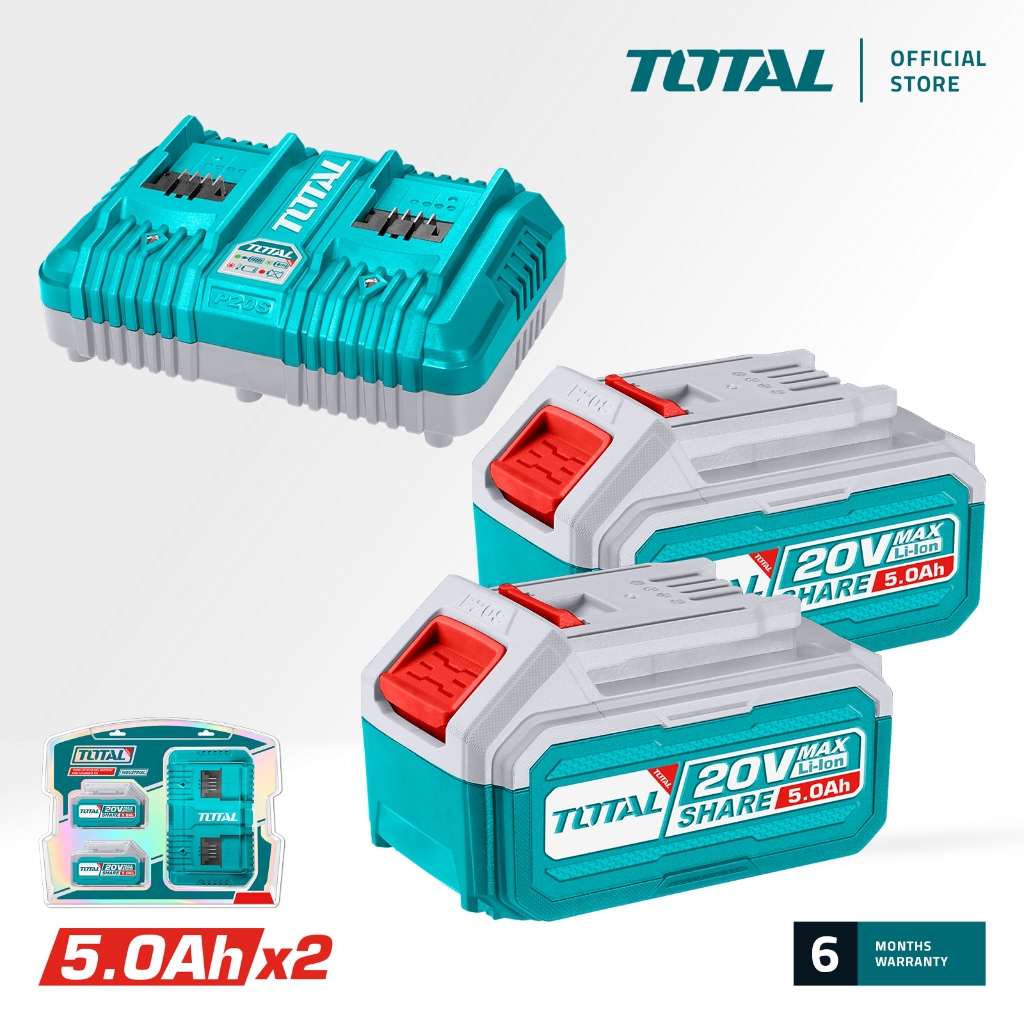 TOTAL Li-ion Battery & Charger Kit (20V) + 5.0Ah Battery (2 Pcs) + 4000mA Dual Port Charger P20S ...
