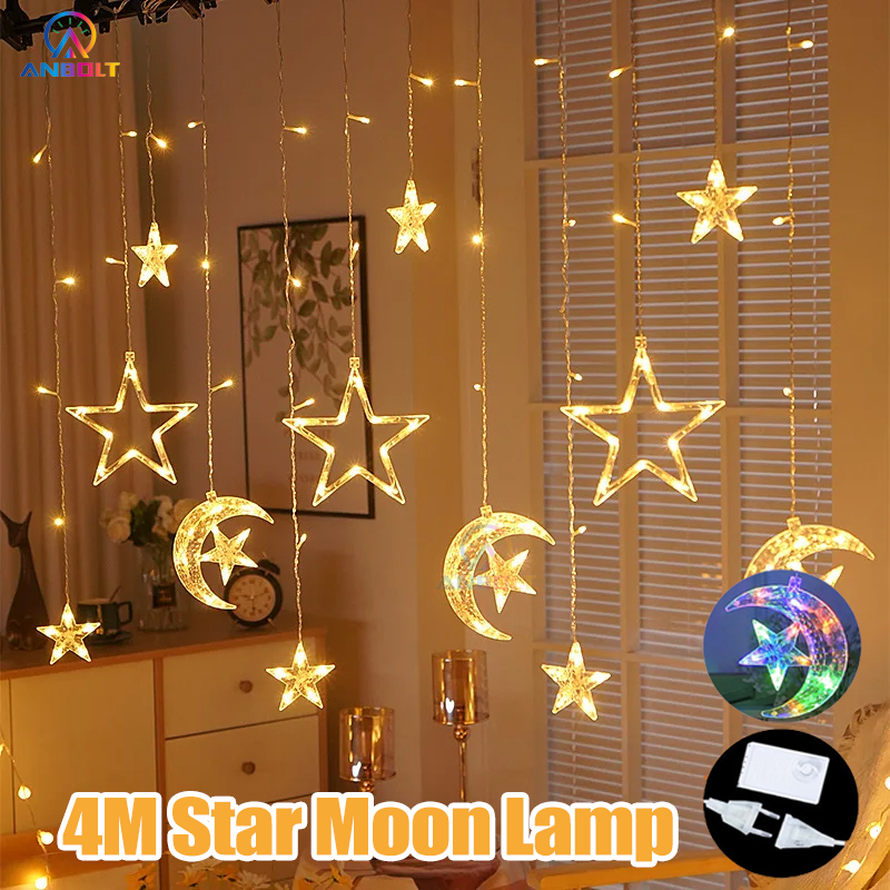 Lampu Hiasan 2024New EU Plug 4Meter 8 Modes Star Moon Curtain String ...
