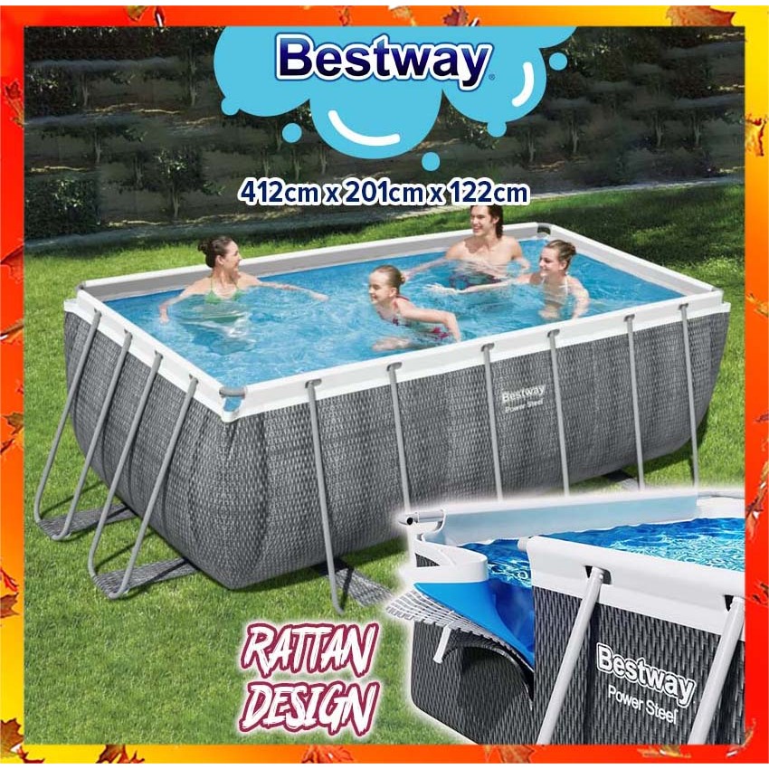 BESTWAY 56722 Power Steel Rattan Frame Swimming Pool Large Family Adult ...