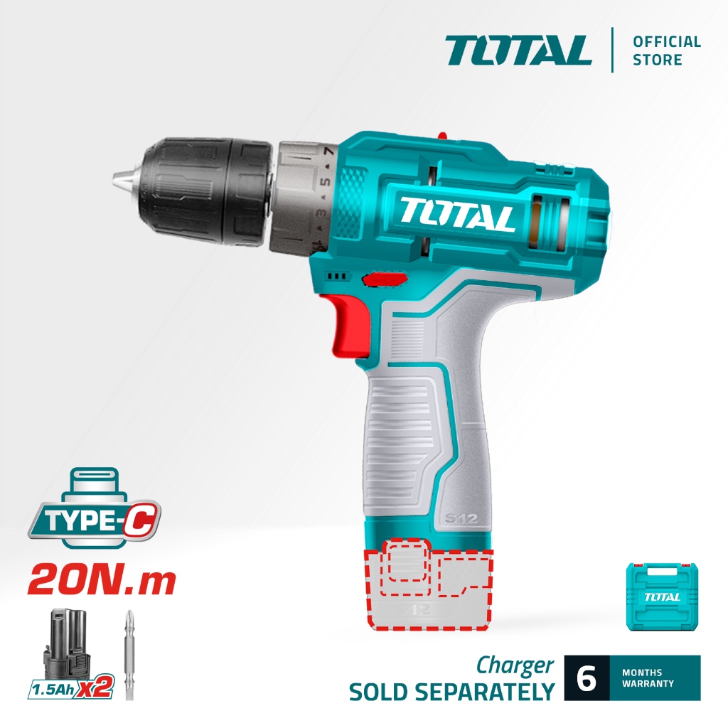 TOTAL Li-ion Cordless Drill (12V/20Nm/10mm) 2 Speed Gear + 1.5Ah ...