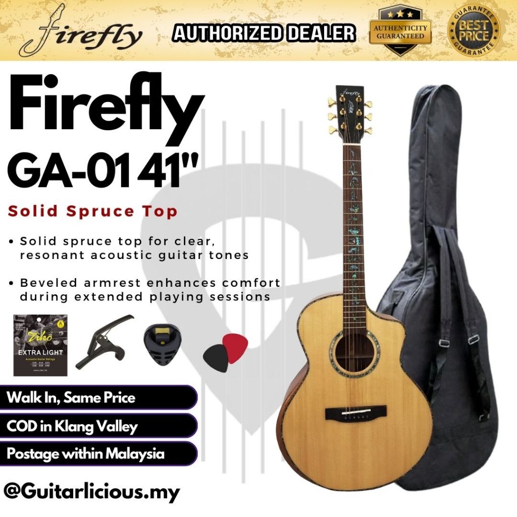 Firefly GA-01 Solid Spruce Top 41 inch Acoustic Guitar with Beveled Arm ...