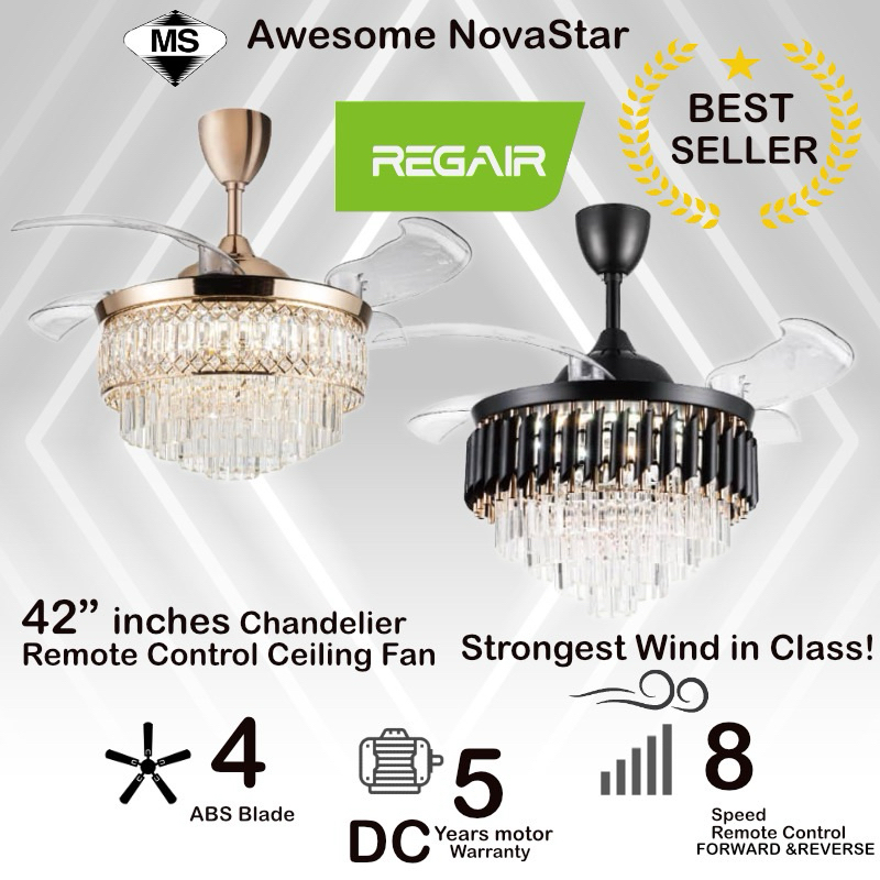 Regair 42" B100 Z007 Chandelier Crystal Remote Control DC motor Ceiling ...