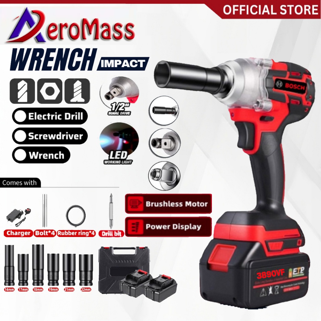 Aeromass 3980VF 3in1 Impact Wrench 880Nm 6 Size Cordless Electric ...
