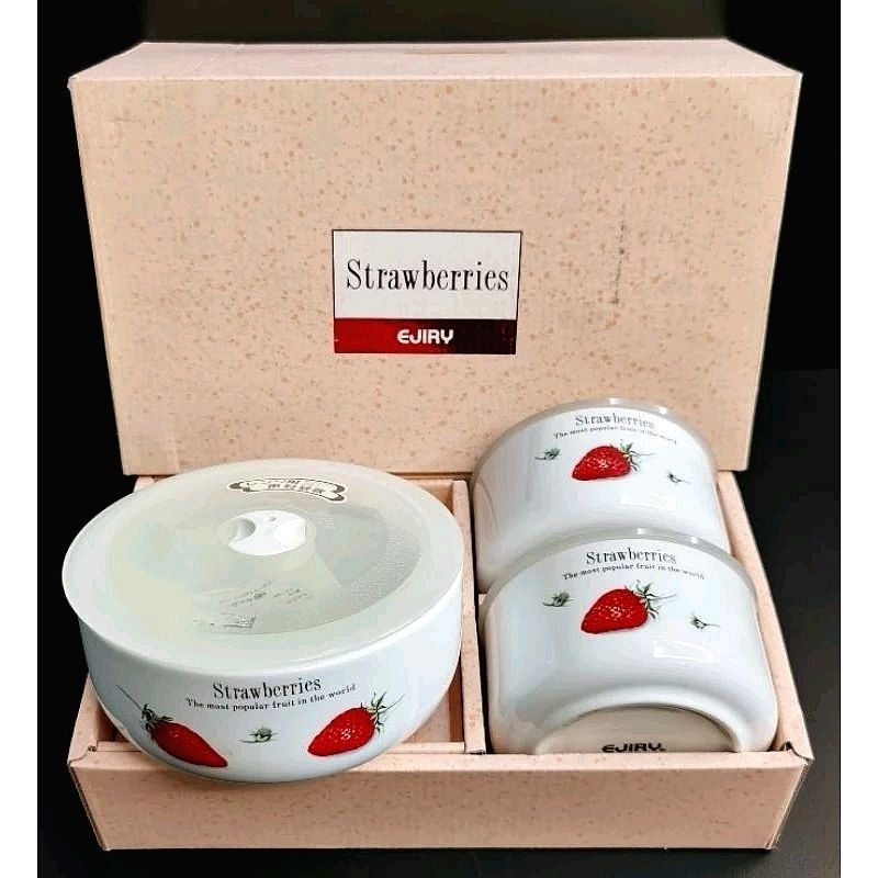 EJIRY Japan Set of 3 Strawberry Pattern Pottery Oven Sealed Containers ...